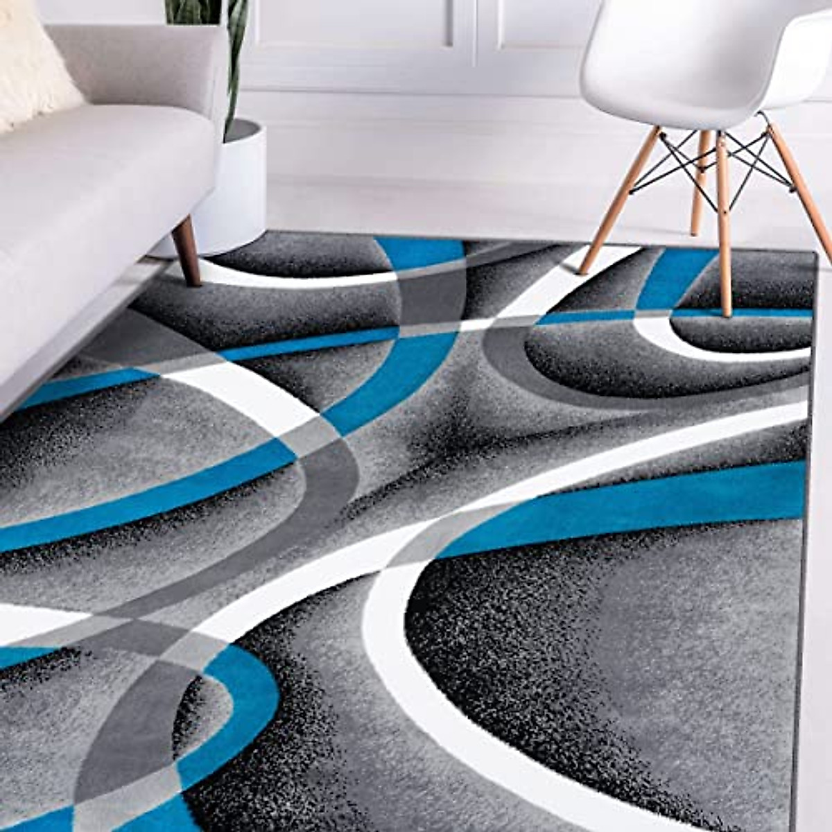 Persian Area Rugs Turquoise 8x10 2305 White Swirls 7'10 x10'6 Modern Abstract Area Rug, 8' x 10'