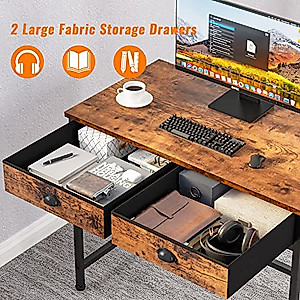 Furologee Computer Desk with 2 Fabric Drawers, Small Home Office Writing Desk, Vanity Desk with Hooks, Simple Study Desk for Small Spaces, Makeup Dressing Table, Rustic Brown