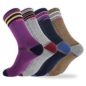 Tom & Mary Women’s Hiking Socks, Cotton (84%), Long Crew, Moisture Wicking, Half Double Cushioned, Lightweight (4 Pairs) (Medium Size 6-9)