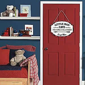 LHIUEM Little Man Cave Wooden Hanging Wall Sign,Red & Black Buffalo Plaid Woodland Door Sign Decor Wood Plaque,Boy Nursery Wall Decor For Toddlers Kids Baby Bedroom (8”X11”)