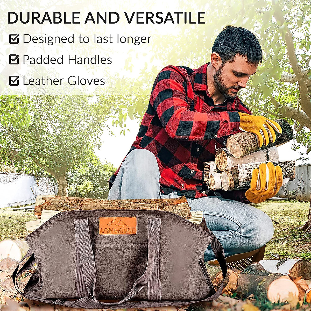 Longridge Extra Large Firewood Log Carrier Bag Tote with Leather Gloves. Durable Waxed Canvas,Handles and Shoulder Strap. Home,Camping or Gift,Grey Waxed Canvas,24 x12x12.6