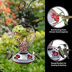 Hummingbird Feeder by Grateful Gnome - Large Hand Blown Stained Glass Feeder for Garden, Patio, Outdoors, Window with Accessories S-Hook, Ant Moat, Brush - 36fl oz, Large Purple Egg Design