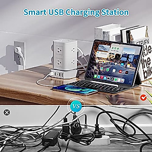 Surge Protector Power Strip Tower with USB Ports, 6FT Charging Station Long Extension Cord with Multiple Outlets, 8 AC Multi Plug Outlet Extender 4USB Ports 1800J Overload Protection for Home Office