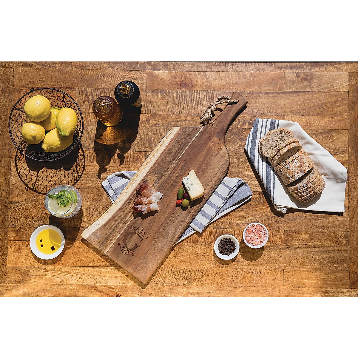 PICNIC TIME Monogram - G - Personalized Artisan 24" Acacia Charcuterie Board with Raw Wood Edge, Cheese Board, Serving Platter, (Acacia Wood)