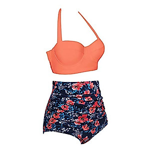 Angerella Orange Slimming Swimsuits for Women Tummy Control Pinup Halter Bikini,2XL