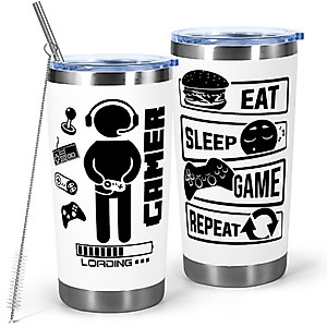 Icesip 20oz Gamer Tumbler - Stainless Steel Gaming Mug with Straw & Brush - Cool Game Controller Design - Birthday Gift for Men, Boys, Gamers