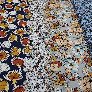 Navy Denim Floral Design Printed 55" Light-Weight Rayon Challis Fabric by The Yard