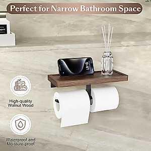 Walnut Toilet Paper Shelves for Bathroom, Jusmoo Double Toilet Paper Holder with Shelf, Bathroom Tissue Wood Holder with Shelf, Screw Wall Mount Bathroom Storage Dispenser