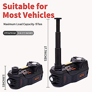 STANDTALL Electric Car Jack with Tire Imflator Pump, 5 Ton 12V Hydraulic Car Jack, Electric Car Floor Jack Black with LED Light for SUVs and Sedans