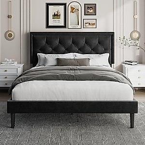 Sismplly Full Size Platform Bed Frame with Velvet Headboard, Modern Upholstered Mattress Foundation with Wooden Slats Support, No Box Spring Needed, Noise Free, Easy Assembly, Black