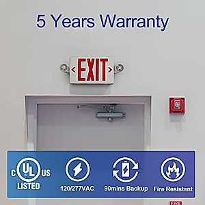 CM MZY LED Exit Sign with Emergency Lights,Exit Sign Lights with Battery Backup, Red Letter Emergency Exit Sign Lights with Two Adjustable Heads,AC 120-277V, UL Certified,1PCS