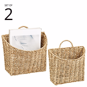mDesign Woven Seagrass Hanging Wall Storage Basket for Flowers & Essentials, Decorative Boho Mounted Organizer for Pantry, Closet, Bathroom, and The Door - Set of 2 - Natural