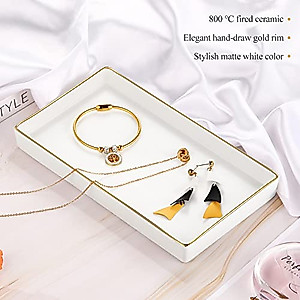 Luxspire Bathroom Vanity Tray, Ceramic Decorative Tray Jewelry Counter Storage Organizer, Gold Edged Dresser Kitchen Sink Tray for Perfume Candle Holder Bathroom Accessories -S- Matte White