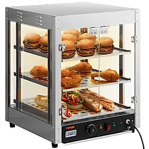 VEVOR Commercial Food Warmer Display, 3 Tiers, 800W Pizza Warmer w/ 3D Heating 3-Color Lighting Bottom Fan, Countertop Pastry Warmer w/Temp Knob & Display 0.6L Water Tray, Stainless Frame Glass Doors…