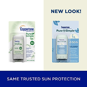 Coppertone Pure and Simple Mineral Sunscreen Stick SPF 50, Water Resistant, Hypoallergenic, Face Sunscreen with Broad Spectrum UVA/UVB Protection, 0.49 oz Stick