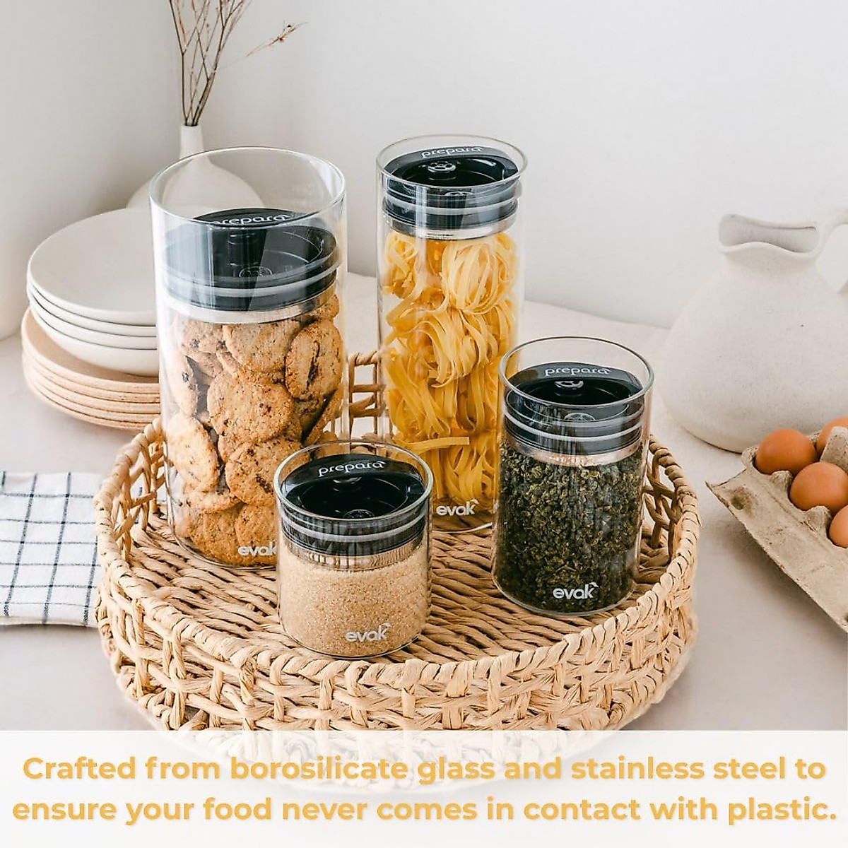 Best PREMIUM Airtight Storage Container for Coffee Beans, Tea and Dry Goods - EVAK - Innovation that Works by Prepara, Glass and Stainless, Compact Black Gloss Handle, Large -