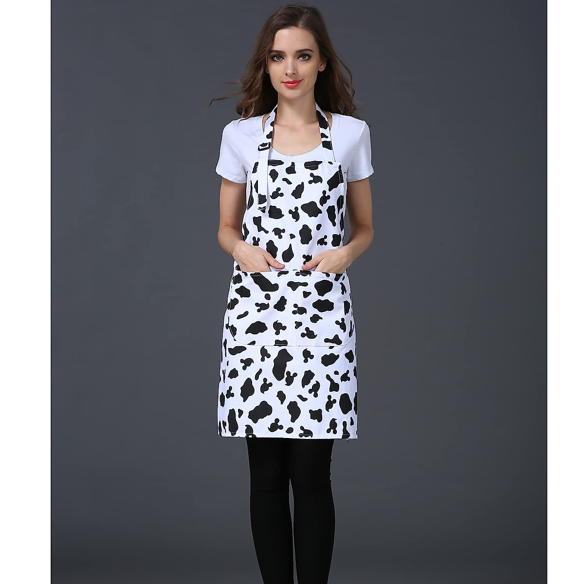 Love Potato Cute Women Girls Cooking Kitchen Apron with Pockets Black White Cow Print Bib Apron Gift, White