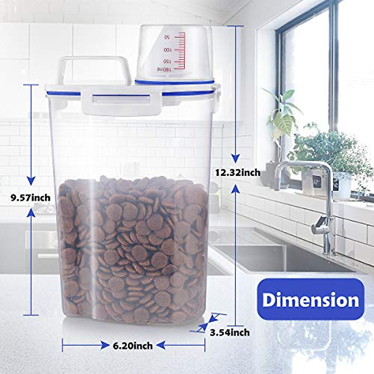 Kytely Upgraded Airtight Pet Food Storage Container, Small Dog Food Container with Measuring Cup, Cat Food Storage Container with Pour Spout, 4 Seal Buckles Food Dispenser for Regular Food, Dogs, Cats, Birds (White)