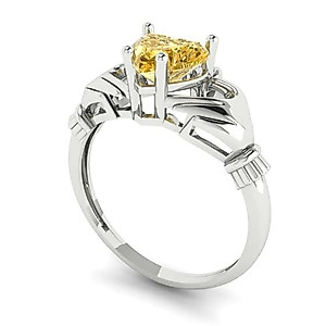 1.55ct Heart Cut Irish Celtic Claddagh Natural Yellow Citrine Engagement Promise Anniversary Bridal Ring 18K White Gold 5.25