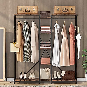 Tribesigns Extra Large Closet Organizer with Hooks, Free-Standing Closet Clothes Rack with Shelves and Hanging Rod, Heavy Duty Industrial Clothing Shelf Closet Storage System for Bedroom (rustic)