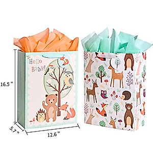 SUNCOLOR 16.5" Extra Large Gift Bags for Baby Shower with Tissue Paper(2 Pack, Hello Baby!)
