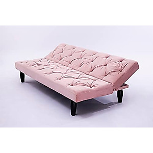66"Modern Velvet Futon Sofa Bed,Convertible Folding Sleeper Sofa with 3 Angles Adjustable Back,Wood Legs,Small Couch Bed Recliner for Small Space,Living Room Bedroom Apartment Dorms Office (Pink)