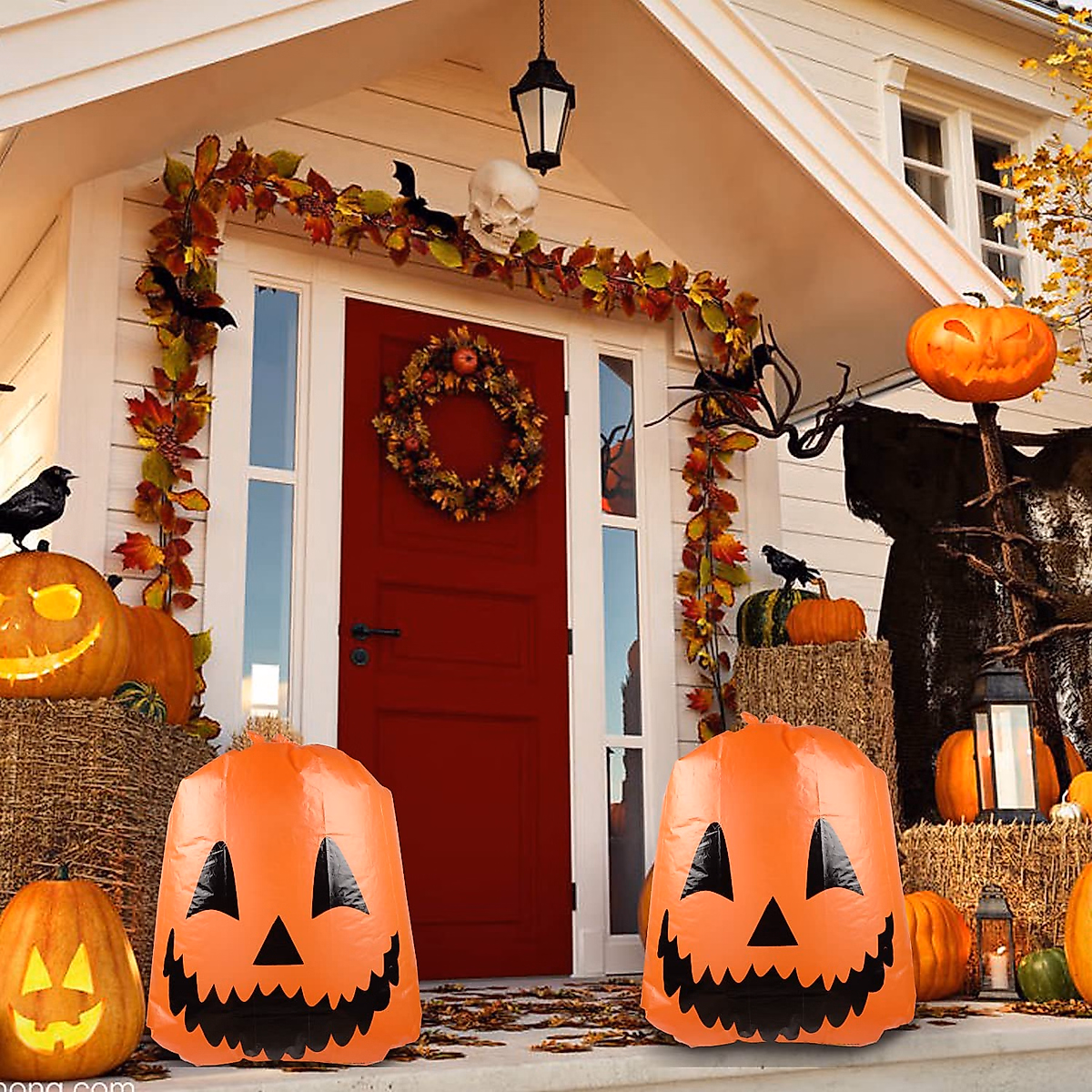 Labeol Halloween Pumpkin Leaf Bags 6Pcs Halloween Decorations Outdoor Halloween Lawn Bags with Ties Halloween Goodie Bags Trash Bag Yard Waste Bags Fall Garden Decor