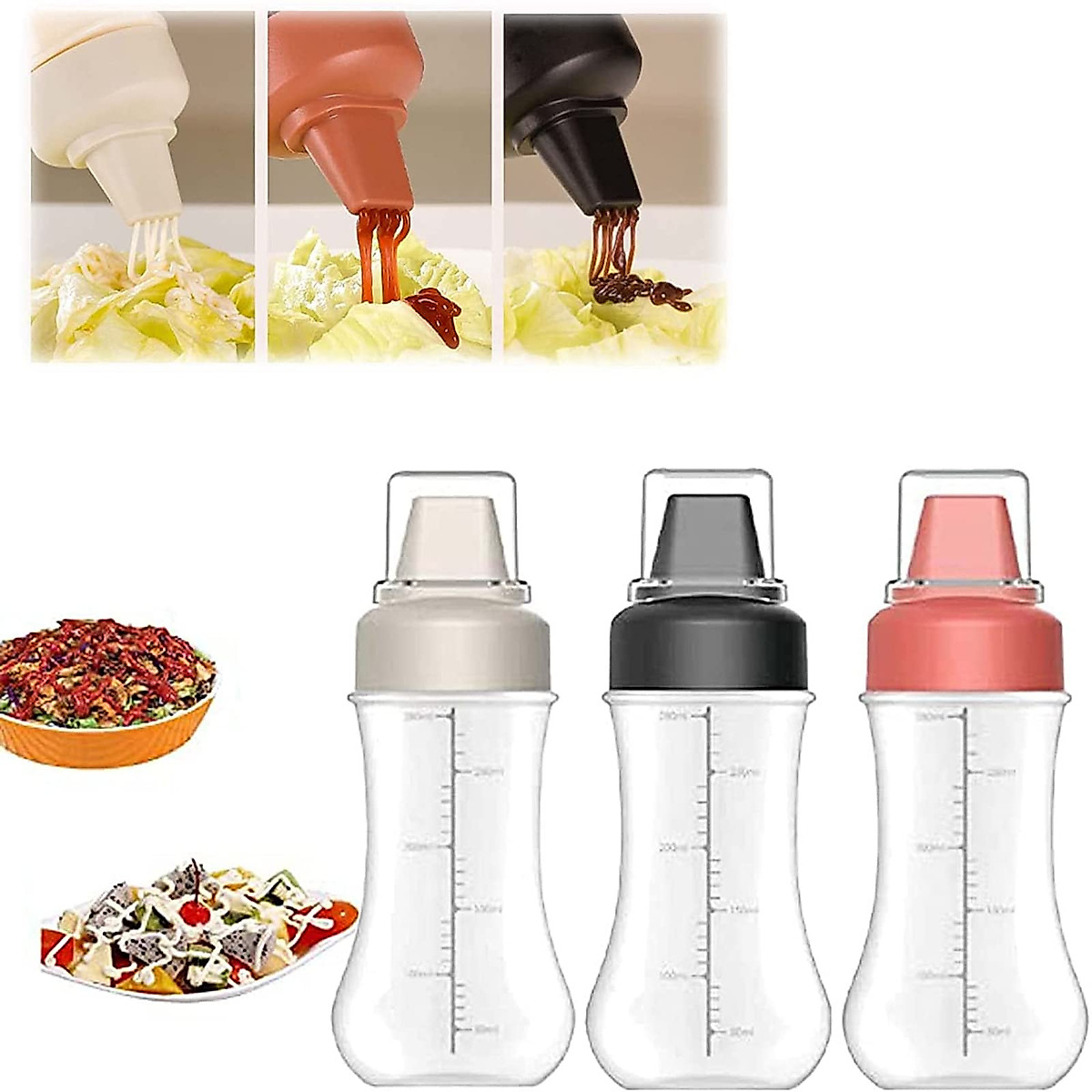 TOKLYUIE Condiment Squeeze Spray Bottles, 3 Pcs Measurable Condiment Squeeze Bottles, 350ml with Dust-proof Cover Porous Squeeze Sauce Bottle, Kitchen Ketchup Salad Bottle, Sauce Bottle (Multicolor)