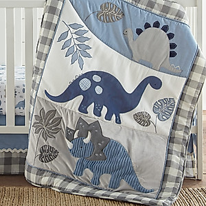Levtex Baby - Kipton Crib Bed Set - Baby Nursery Set - Grey, White and Blue - Dinosaurs and Leaves - 4 Piece Set Includes Quilt, Fitted Sheet, Wall Decal & Skirt/Dust Ruffle