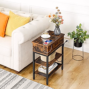 ALLOSWELL Side Table with Charging Station, Narrow Flip Top End Table with USB Ports and Outlets, Nightstand with Storage, Sofa Table for Living Room, Bedroom, Easy Assembly, Rustic Brown ETHR5601