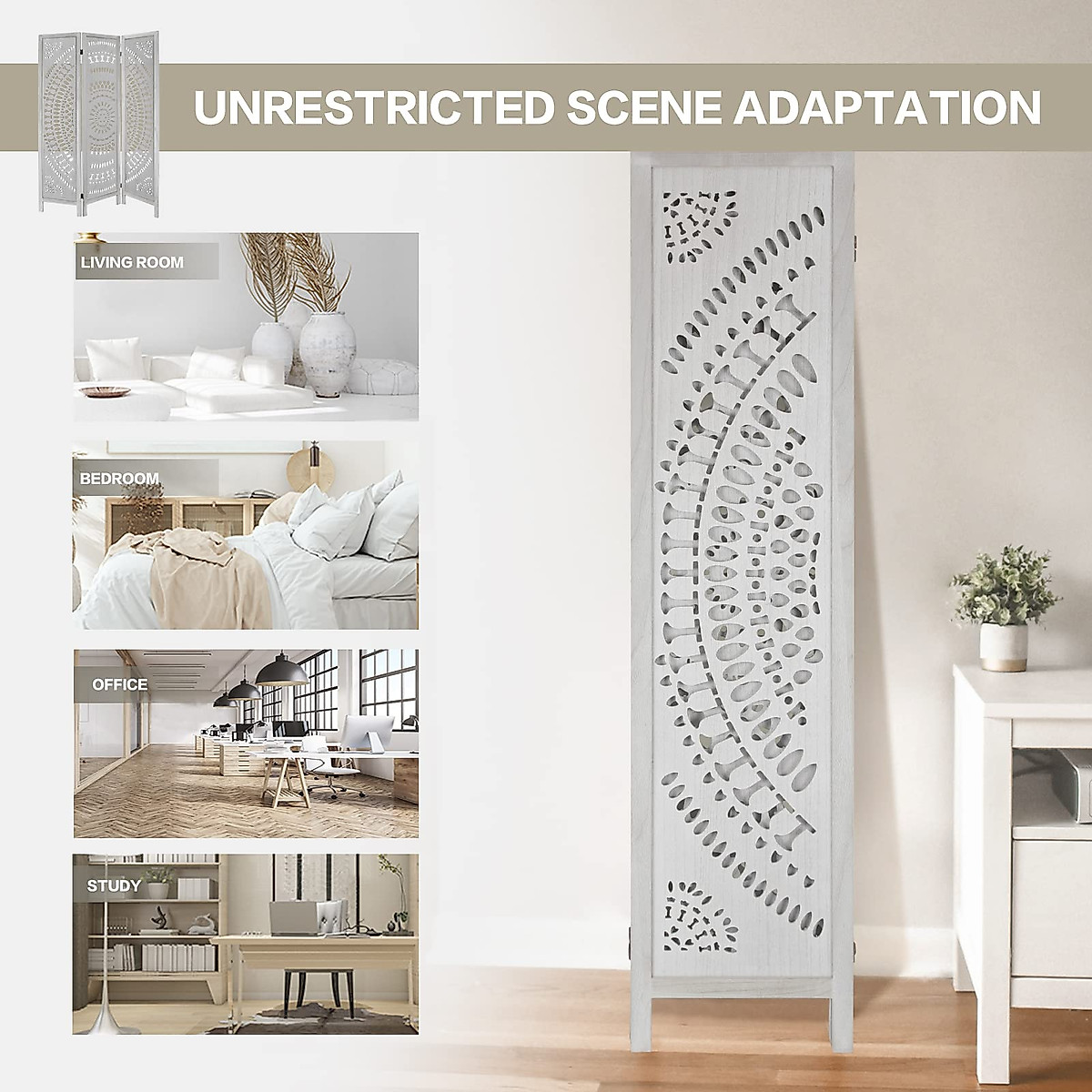 ECOMEX 3 Panel Wood Room Dividers Fully Assembled 5.6Ft Carved Room Dividers and Folding Screens Room Divider Screen Wood Freestanding Partition for Home Bedroom Office Restaurant, Retro White