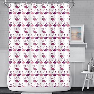 Umpoo Flamingo Checkered Bathroom Shower Curtain Tropical Pink Purple Flamingos Pattern Shower Curtain with Hooks Waterproof Fabric Polyester Shower Curtain for Girly Bath Decorative, 72x72 Inch