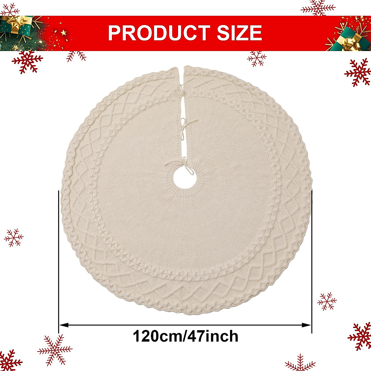 LASPERAL Knitted Tree Skirt 48 Inch Ivory White Crochet Christmas Tree Skirt, Farmhouse Rustic Cable Knit Edge Tree Skirt with Bow Tie for Home Décor, Washable Heavy Yarn Tree Skirt Indoor Outdoor