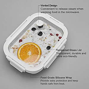 GENICOOK Borosilicate Tempered Glass Food Storage Containers with Glass Lids - Food Grade Silicone Wrap & Air Release Vent, Rectangular shape - 8 Pc Set (4 Containers - 4 Matching Lids) White