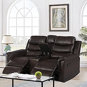 PU Leather Wall Hugger Manual Recliner Chair with Center Console& Cup Holders,Double Reclining Sectional Sofa 2-Seat Loveseat Sofá Couch for Living Room Apartment Office RV Theater Furniture Set