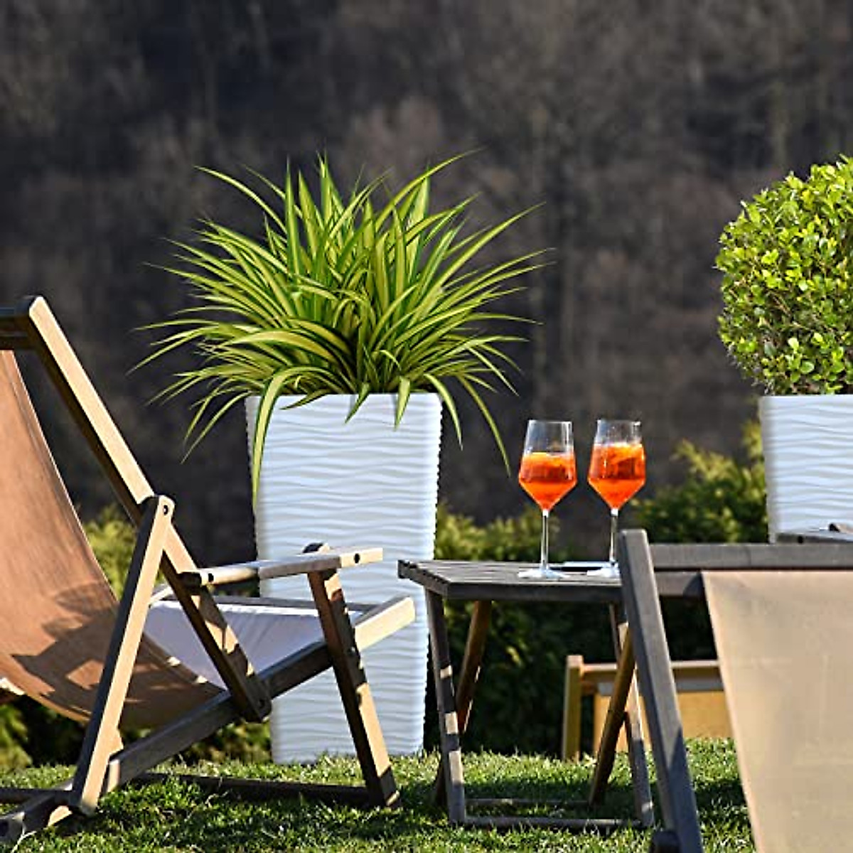 Worth Garden 2-Pack Tall Tapered Planter - Plastic White Square Plant Pots - 22" Tall Large Tree Planter - Modern Matte Wavy Flower Pot for Indoor Outdoor Porch Deck