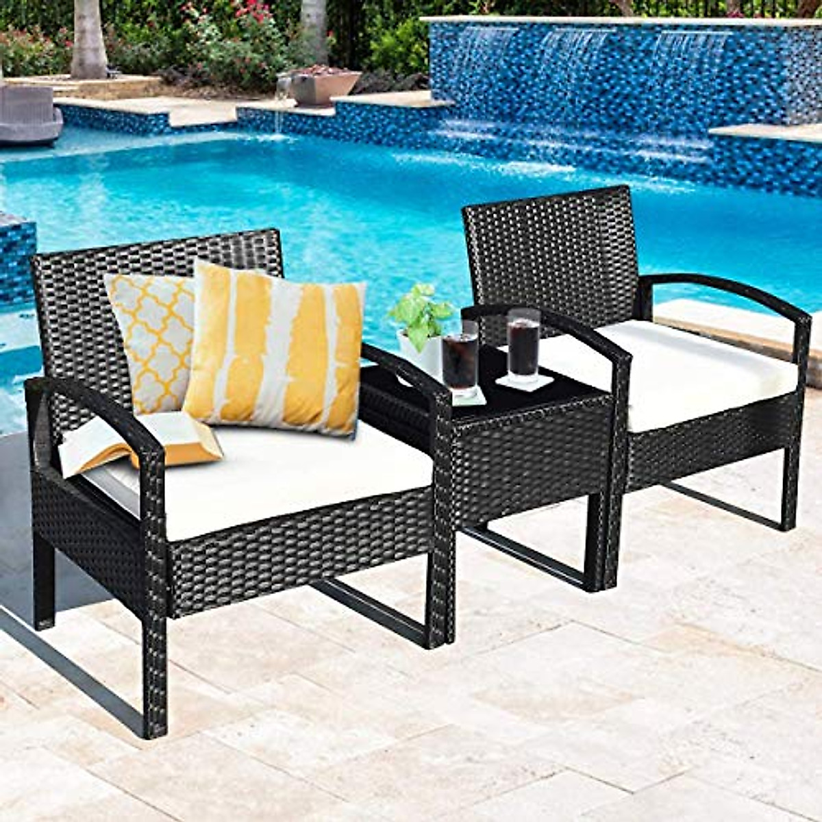 HAPPYGRILL 3pcs Patio Conversation Set Outdoor Wicker Furniture Set Rattan Table & Chairs Set with Seat Cushions, Modern Bistro Set with Coffee Table for Garden Balcony Backyard