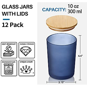 Aminigram 12 Pack, 10 oz Navy Blue Candle Jars with Bamboo Lids and Sticky Labels, Empty Glass Candle Jars for Making Candles, Morden Kitchen Bathroom Small Object Container - Dishwash Safe