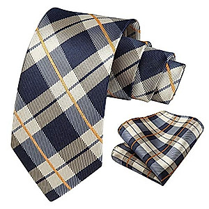 HISDERN Ties for Men Brown Plaid Tie Pocket Square Set Extra Long Mens Neckties and Handkerchief Formal Silk Checkered 63'' Necktie for Business
