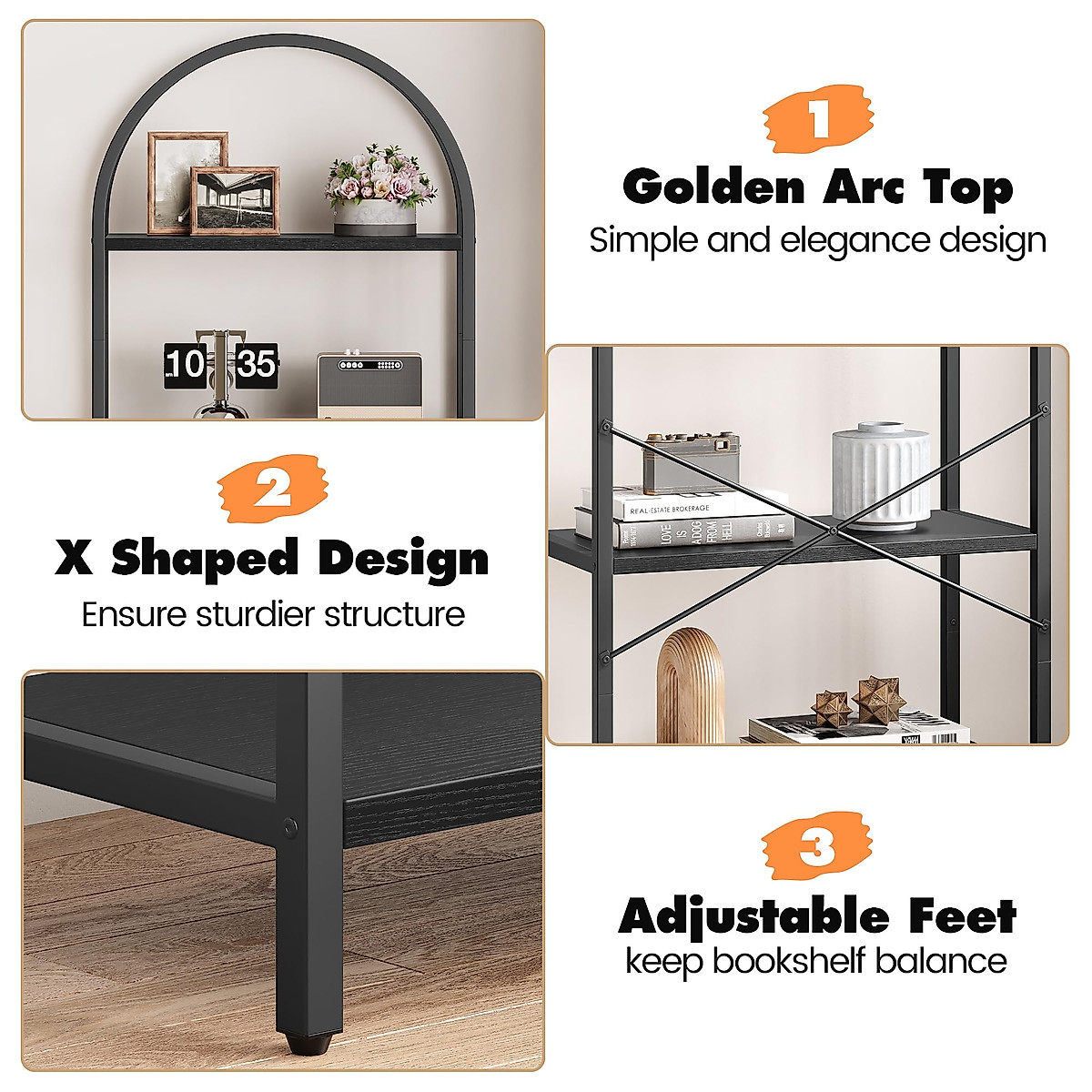 GAOMON Arched Bookshelf 5 Tier Bookcase 70.87in Tall Display Racks Modern Standing Bookshelves Metal Book Shelf for Bedroom, Living Room, Home Office