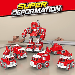 Fire Truck Toy for Boys Take Apart Robot Toys 5 in 1 Transform Robot Car Set, Firetruck Construction Vehicles Sets Building Robot Toys Kits with Drill Light and Music Gift for Boys Girls Ages 3-8