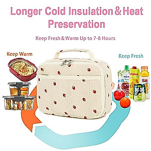 Bluboon Corduroy Insulated Lunch Bag for Girls - Strawberry Beige School Lunch Tote with Cooler Compartment