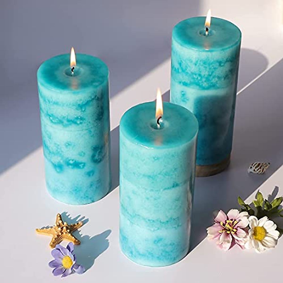 FLAVCHARM Pillar Candles Scented, Ocean Breeze Scented Candles, 3 Pack Teal Candles 3x6 inch Long-Lasting Clean Burning Candles, Turquoise Candles for Home Décor, Bathroom, Wedding Decorations