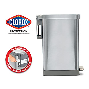 Glad Slim Trash Can with Clorox Odor Protection - Narrow Kitchen Garbage Bin with Soft Close Lid, Step On Foot Pedal and Waste Bag Roll Holder, All Stainless, 45 Liter