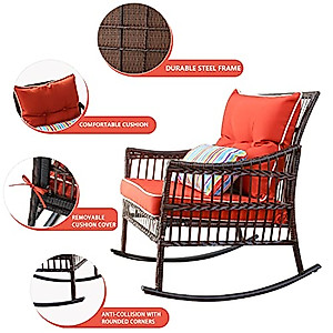 DECMICO Outdoor Rocking Chairs 3 Pieces Patio Conversation Front Porch Furniture, Wicker Rocking Chairs Bistro Set with Glass Coffee Table and Cushions for Garden and Balcony…