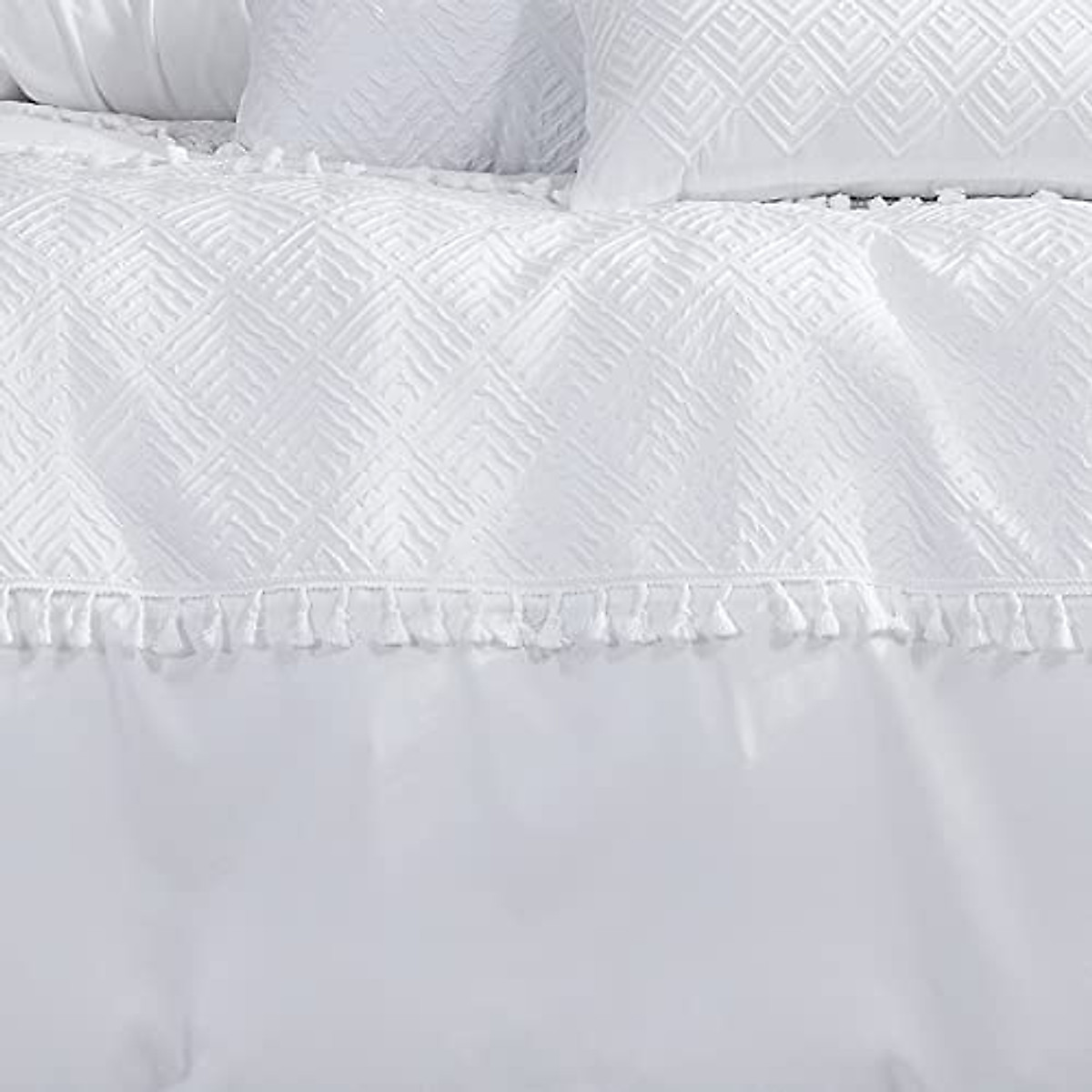BRHF 7 PCS Boho Embossed Comforter Set with Handcrafted Tassel King, White Textured Down Alternative Bedding Set for Bedroom, Lightweight Bed in A Bag - 1 Comforter, 2 Shams, 4 Pillows