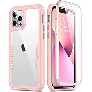FUNMIKO iPhone 13 Pro Max Case with Screen Protector,Mili-Grade Heavy Duty Protection Pass 21ft. Drop Tested Slim-fit Clear Cover Protective Phone Case for Apple iPhone 13 Pro Max 6.7" Light Pink