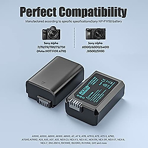 BESTON NP-FW50 Repacement Battery for Sony Camera and Charger for Sony ZV-E10 Alpha A7 A7II A7R A7RII A7S A7SII A55 A3000 A5000 A5100 A6000 A6300 A6400 A6500 Cyber-Shot DSC-RX10 II III IV Camera