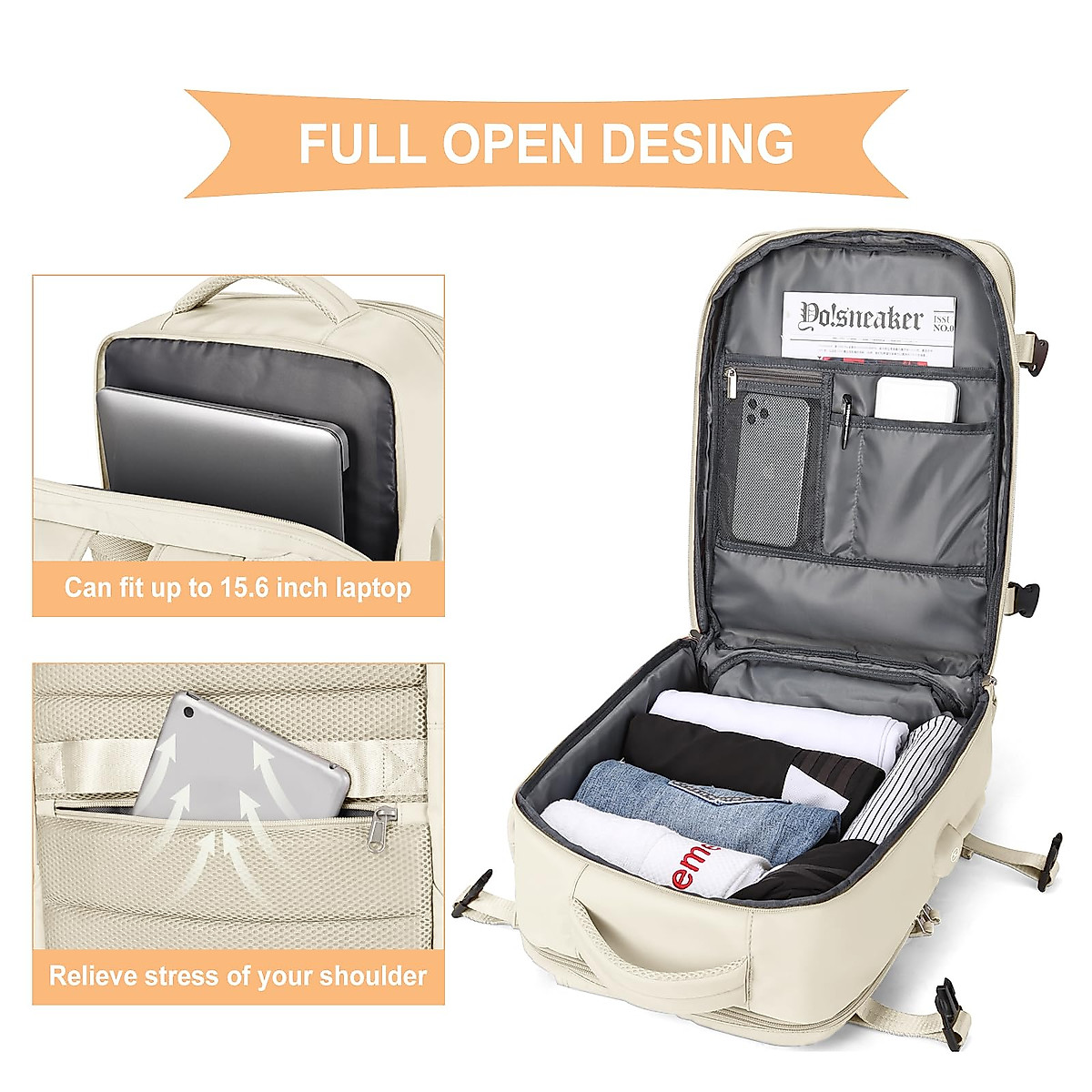 coowoz Travel Backpack For Women Men Airline Approved,Off Whit Carry On Backpack,Large Hiking Backpack Waterproof Outdoor Sports Rucksack Casual Daypack Fit 15.6 Inch Laptop Backpack College Backpack