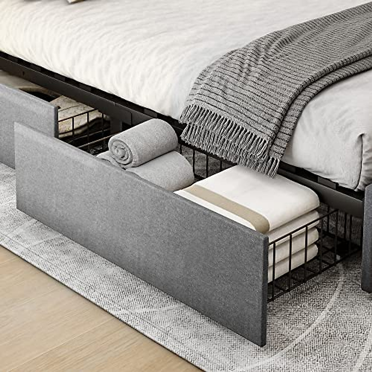YITAHOME Upholstered Platform Bed Frame with 4 Storage Drawers and Adjustable Headboard, Mattress Foundation with Sturdy Wood Slat Support, No Box Spring Needed, Grey(Queen)